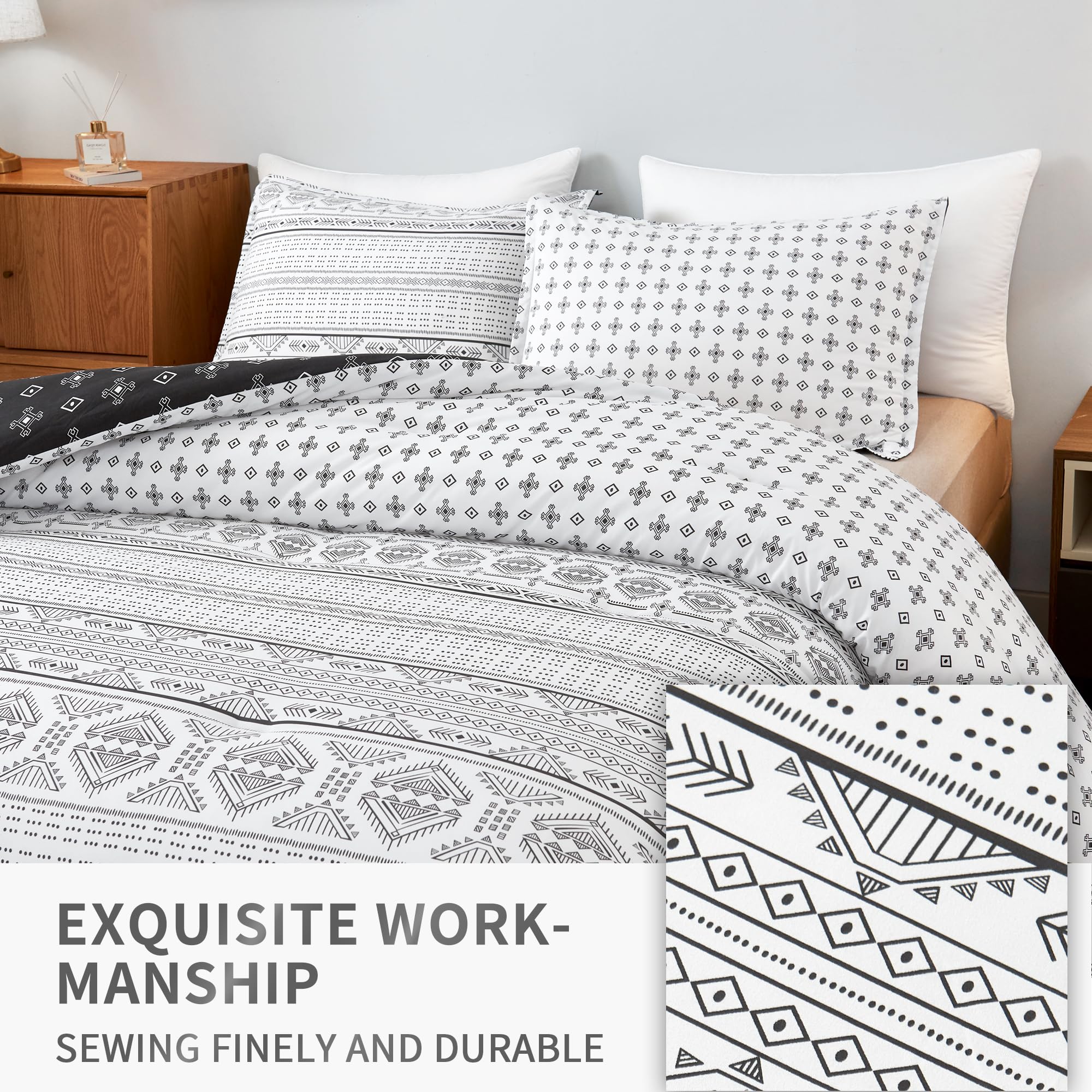 Andency Black White King Size Comforter Set, 3 Pieces Bedding Comforter Sets (1 Geometric Striped Comforter & 2 Pillowcases), Bohemian Summer Lightweight Microfiber Down Alternative Bed Set