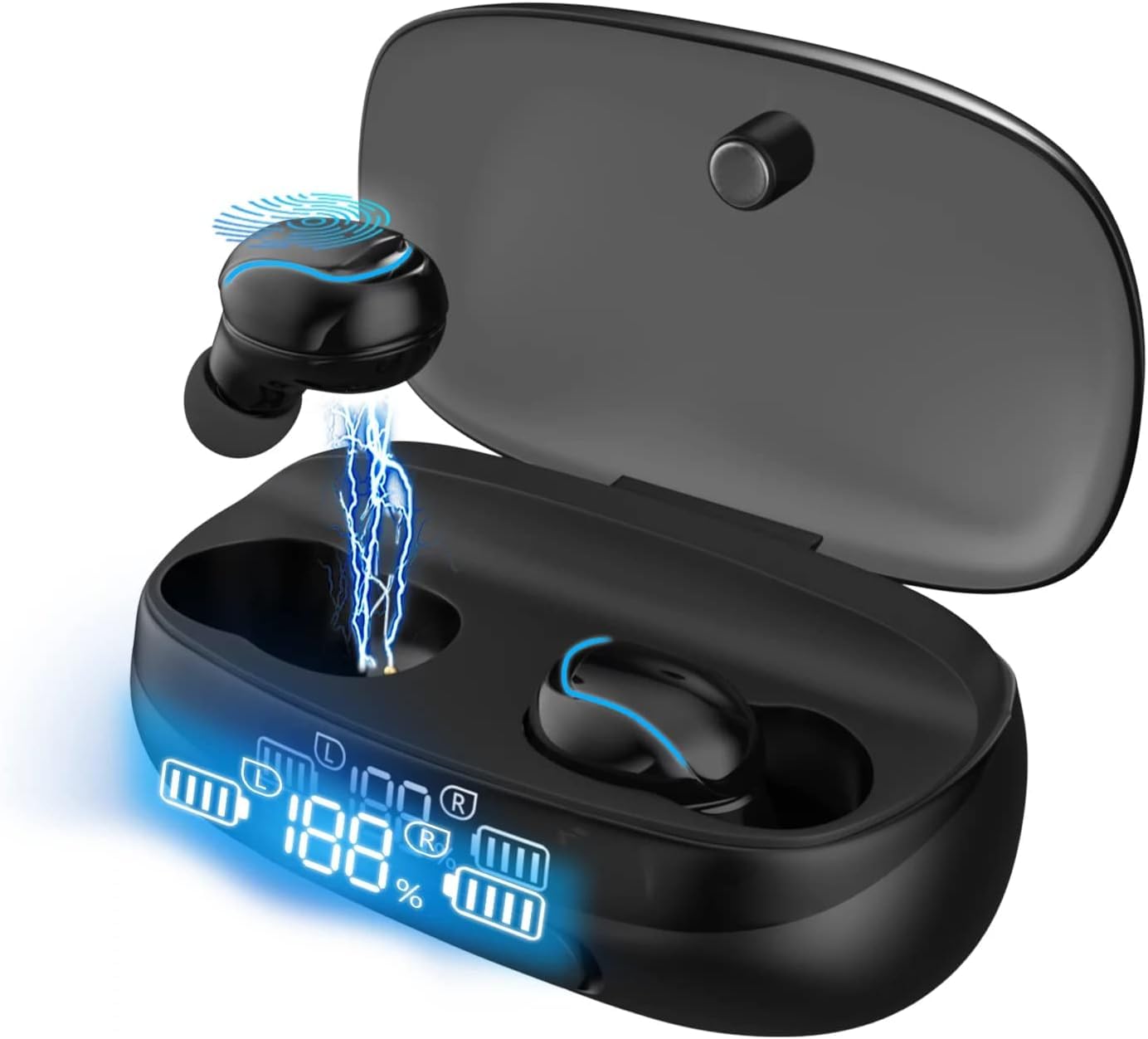 Bluetooth Earphone in-Ear, Wireless Earbuds Touch Control with Microphone, Bluetooth 5.2 Noise Cancelling Headphones, HiFi Stereo, IP67 Waterproof, LED Display Fast Charging Case, for Sport and Work.