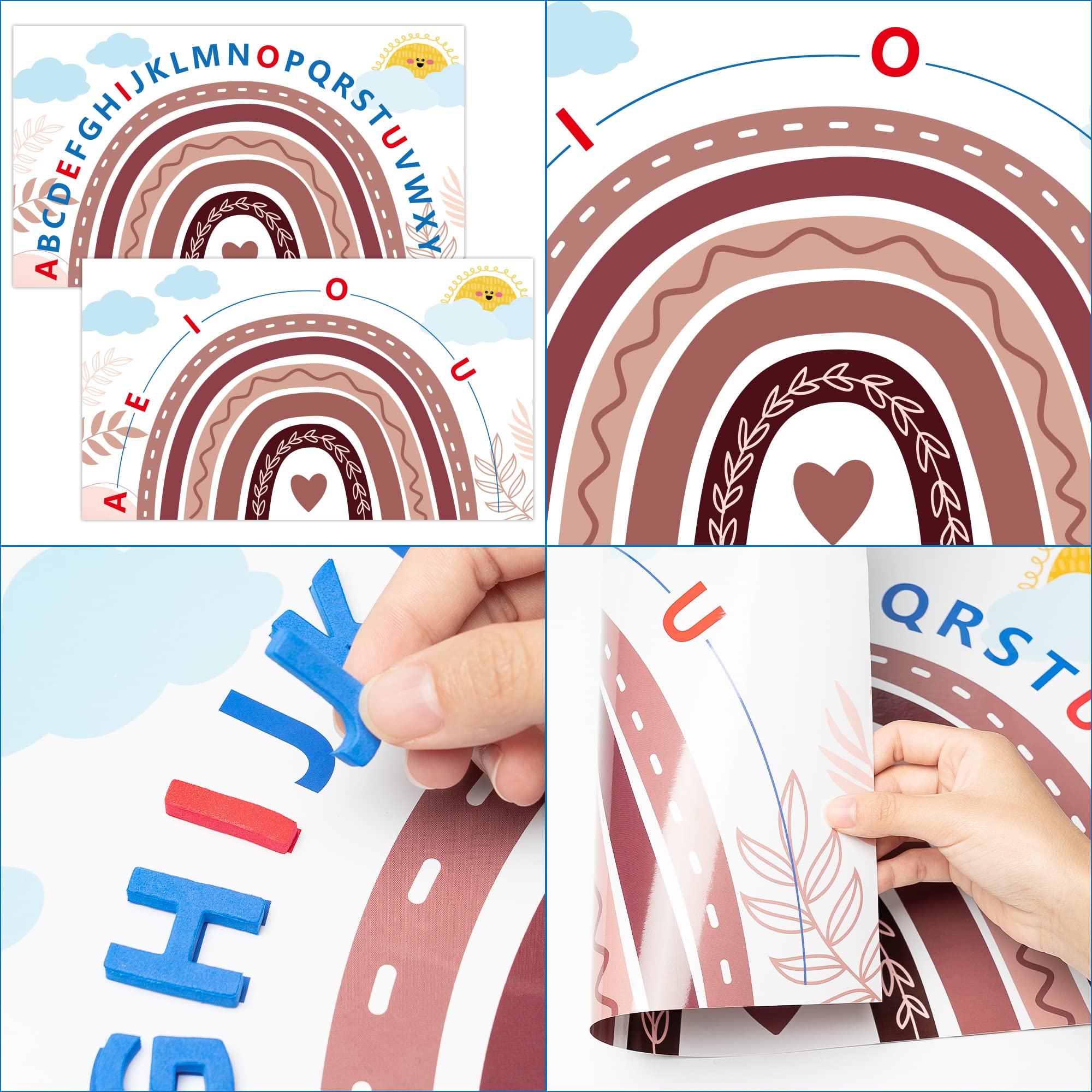 BeYumi 2Pcs Double Sided Boho Rainbow Alphabet Arch Mats with Foam Letters ABC Uppercase Lowercase Alphabet Recognition Activity Spelling Learning Educational Toy for Toddlers Preschool Kindergarten