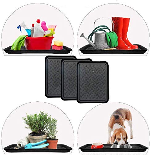 Boot Mat Tray for Floor Protection,3 Pack Black Shoe Tray,Boot Drying Mat w/Lip, Dirt Rug, Dog Water Mat & Litter Box ray,Garden Garage-Indoor Outdoor (Black)