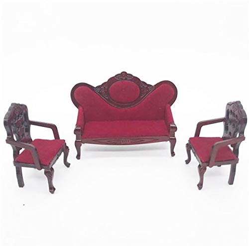 EatingBiting 1:12 Miniature Living Room Furniture Vintage Red Wooden Sofa Armchair Couch Table 3pcs Set Sofa + 2 Chairs