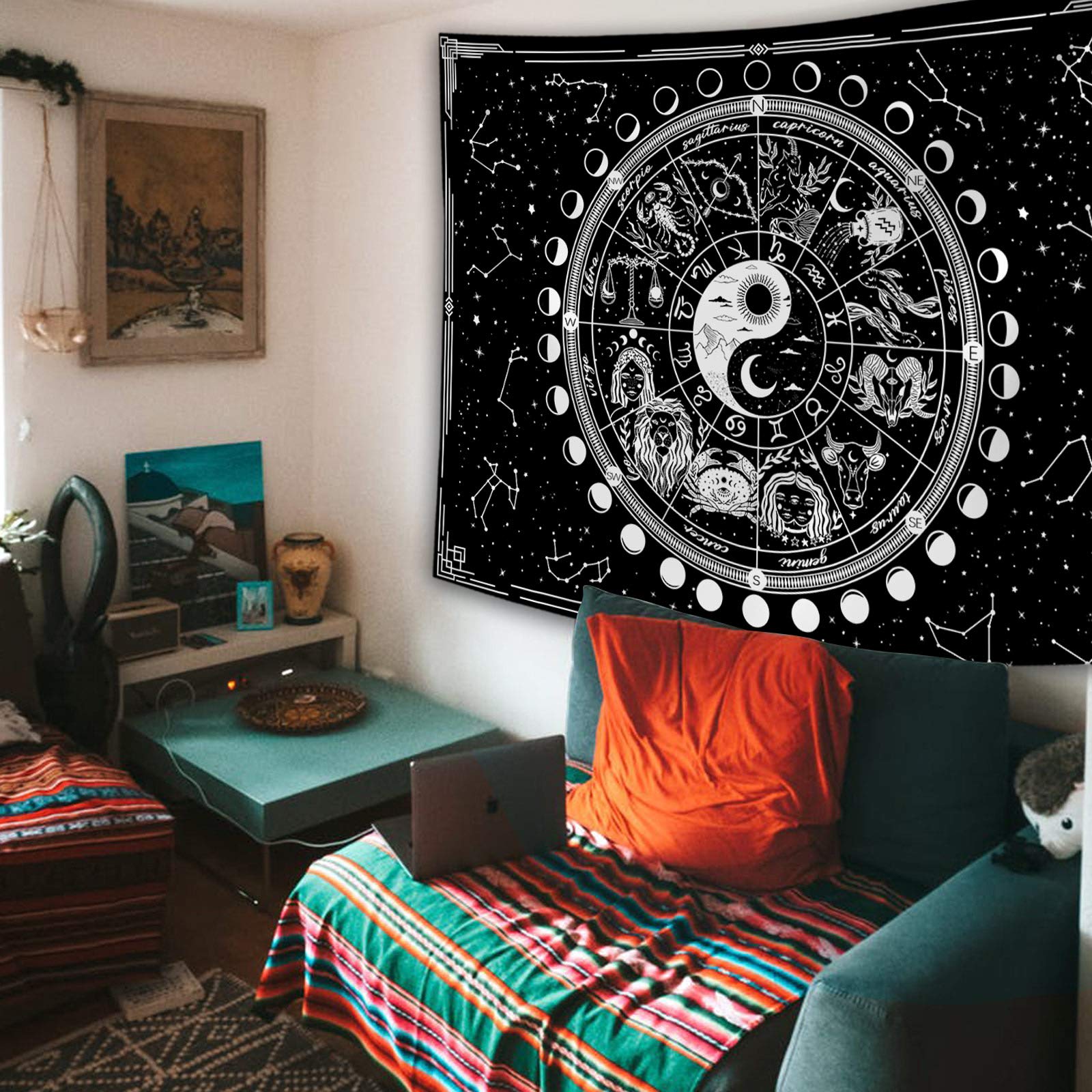 Kanuyee Twelve Constellation Tapestry,Black and White ，Sun and Moon ，Yin and Yang Tapestry Mystic Wall Hanging Tapestry for Home Decor (35"x47")