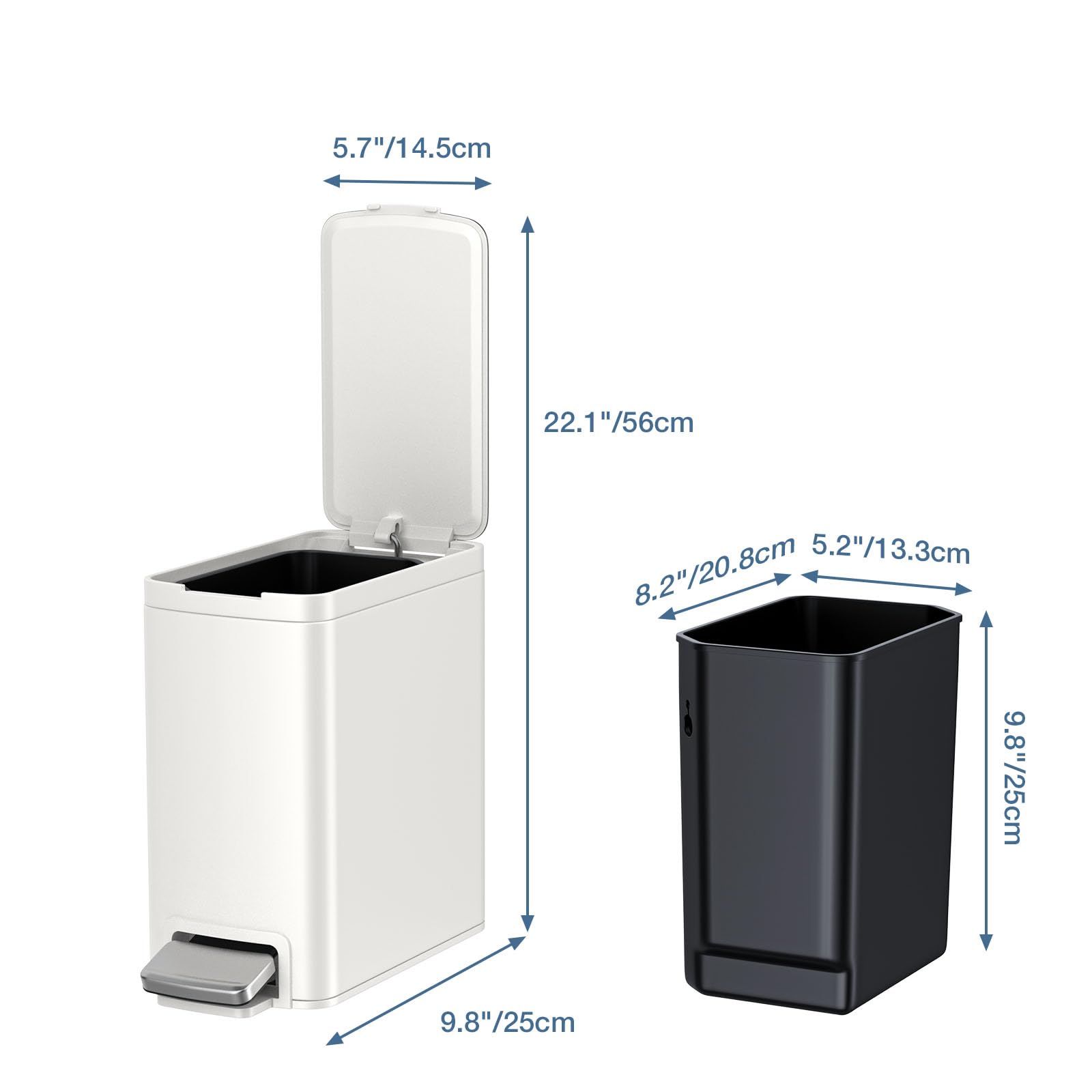 Bscann Bathroom Trash Can with Soft Close Lid,6 Liter / 1.6 Gallon Stainless Steel Step Garbage Can with Removable Bin,White Trash Can for Bathroom,Bedroom,Office(White)