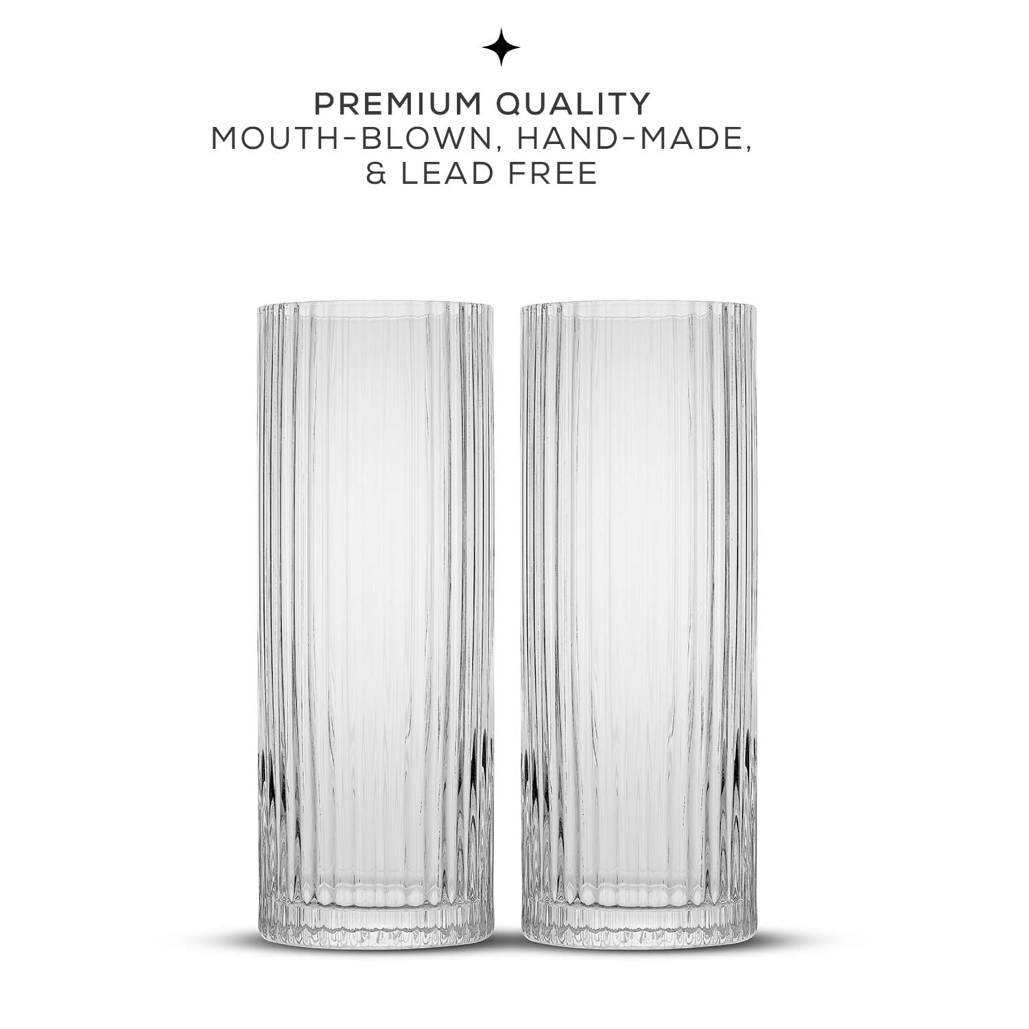 JoyJolt 16oz Fluted Highball Glasses - 2 Ribbed Tall Cocktail Tumblers for Gin, Juice, Water