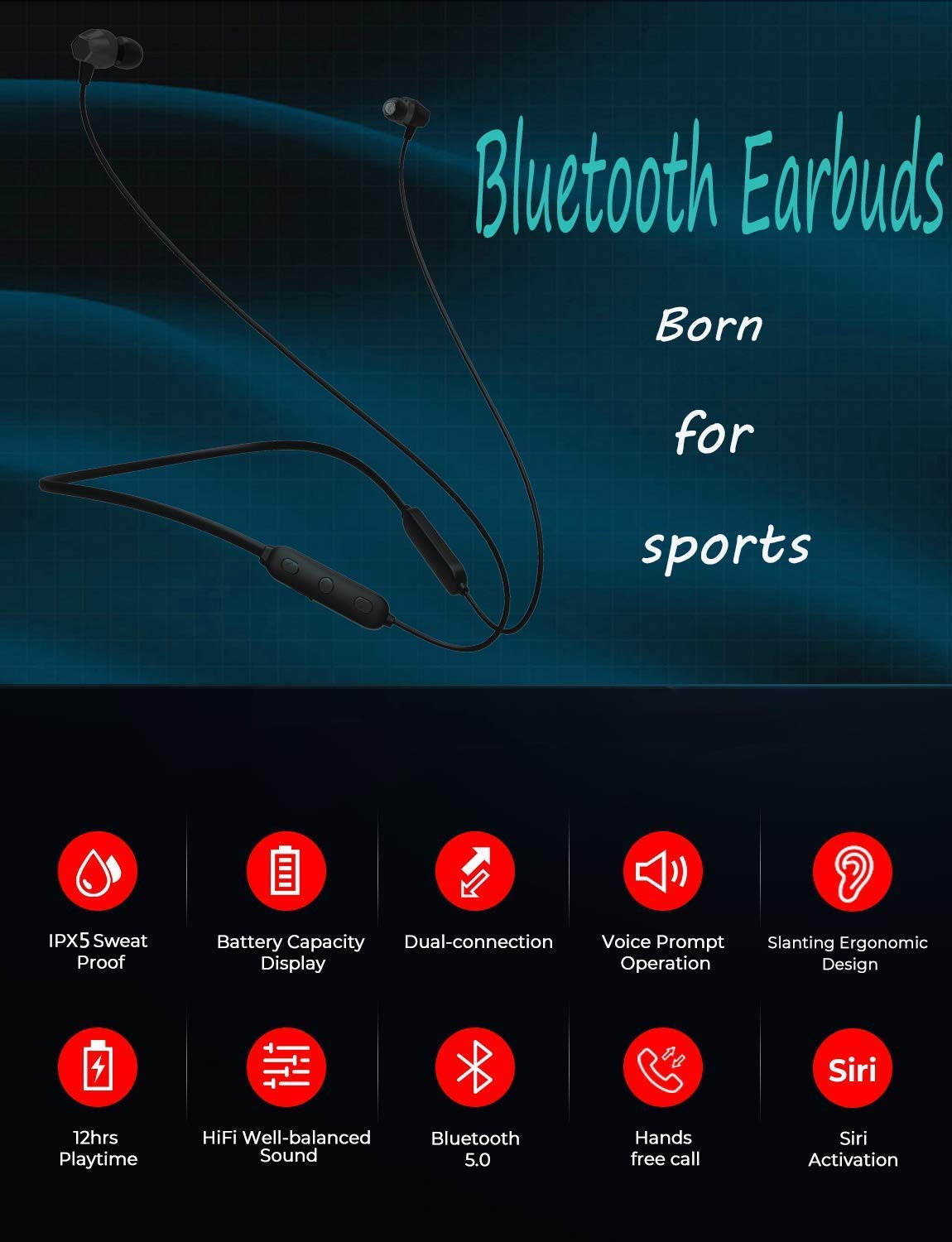 Bluetooth Headphones Sports Earbuds 5.0 Magnetic Bluetooth Earphones IPX5 Waterproof Noise Cancelling Headset for Running,Cycling,Workout