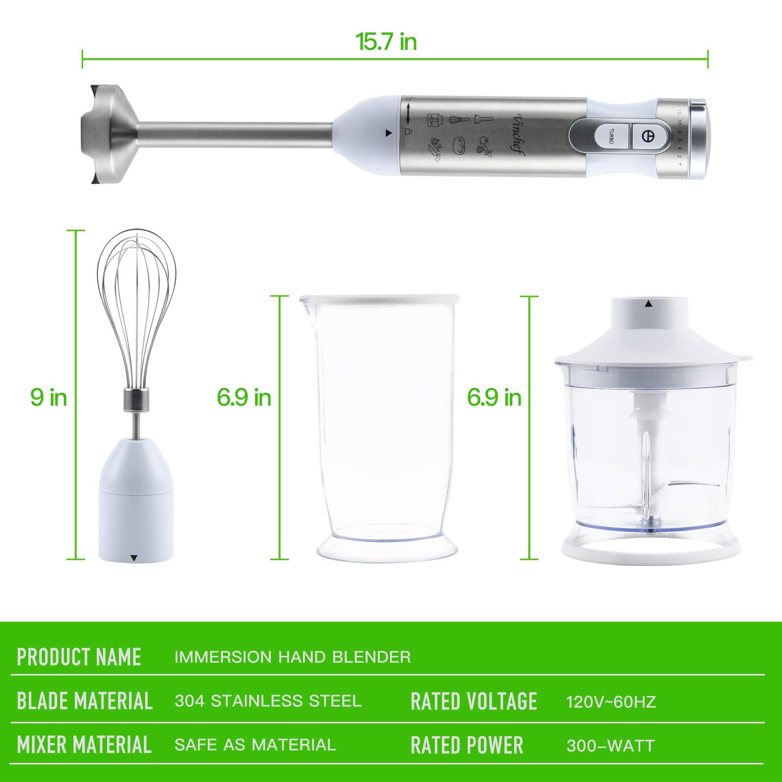 Vinchef 5 in 1 Immersion Hand Blender, 300 Watt, Multi-Speed Stainless Steel Handheld Stick Blender with 700ml Beaker, Whisk, Chopper/Grinder Bowl and Wall Rack, BPA-Free
