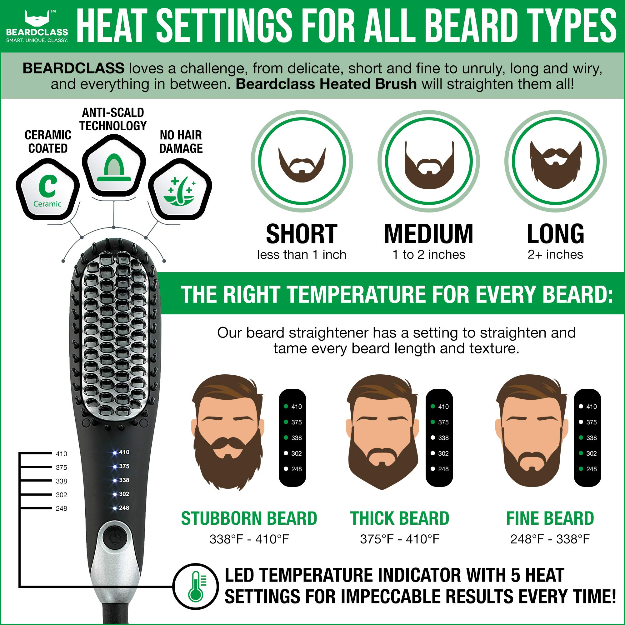 BEARDCLASS Premium Beard Straightener Comb - USA Designed for Beards! Fast Heating Electric Straightening Brush for Men with Anti-Scald Technology - Adjustable Temperature Portable Heated Straightner