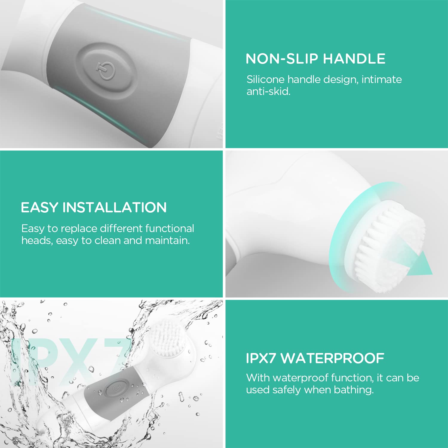 VOYOR Facial Cleansing Brush Waterproof Spin Face Brush 5-in-1 Body Cleansing Brush Set for Deep Skin Cleansing, Gentle Exfoliating, Blackhead Removal FB100