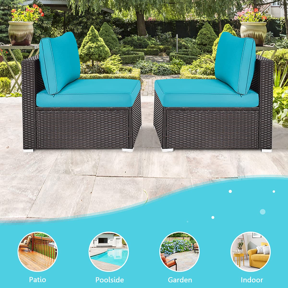DORTALA 2 Piece Wicker Sectional Armless Chairs, Outdoor Rattan Sectional Sofa Set w/Cushions for Seat and Back, Additional Seats for Garden Balcony Patio Poolside, Turquoise