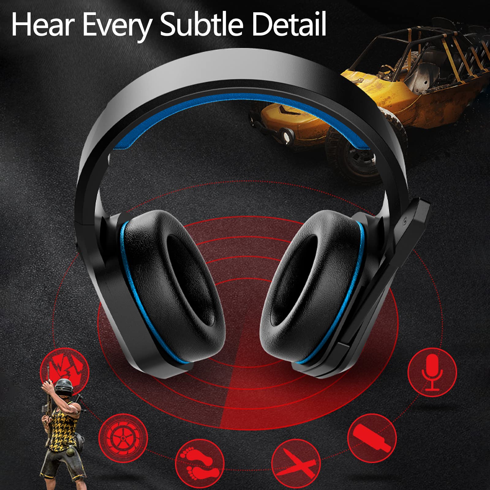 BFMODFAF V100 Surround Sound Professional Gaming Headset with Noise Cancelling Over Ear Headphones with Mic, LED Light, Bass Surround, Soft Memory Earmuffs - for PC, PS4, PS5, Xbox One, Switch (Blue)