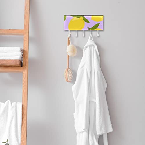 Colorful Hand Drawn Lemon Pattern Mail Holder Organizer and Key Hooks PU Front, Self Adhesive Key Rack with 5 Hooks Perfect for Entryway, Hallway,Bathroom ,Kitchen