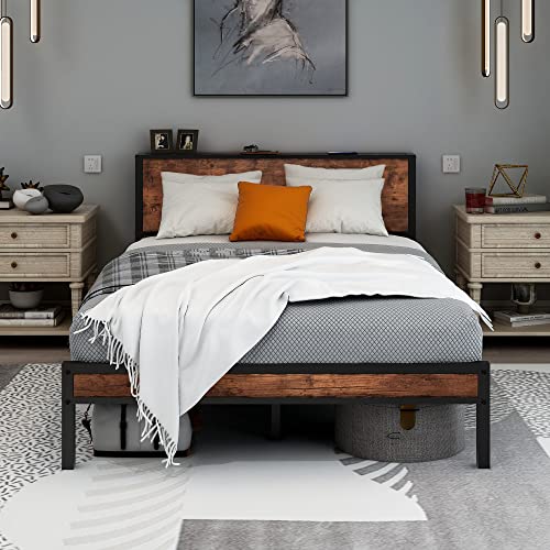 Diolong Full Size Bed Frame with Wood Headboard and Footboard, Platform Bed Frame with Storage Shelf, Heavy Duty/Mattress Foundation/No Box Spring Needed/Vintage Brown