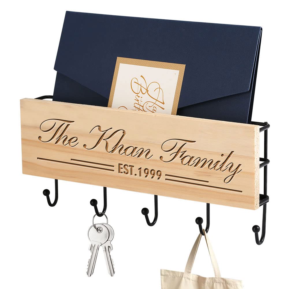 Personalized Wall Mounted Key Holder for The Home, Custom Wooden Key Rack for Wall with Iron Storage Basket, Engraved Your Family Last Name Key Hanger Gift for Wedding Housewarming