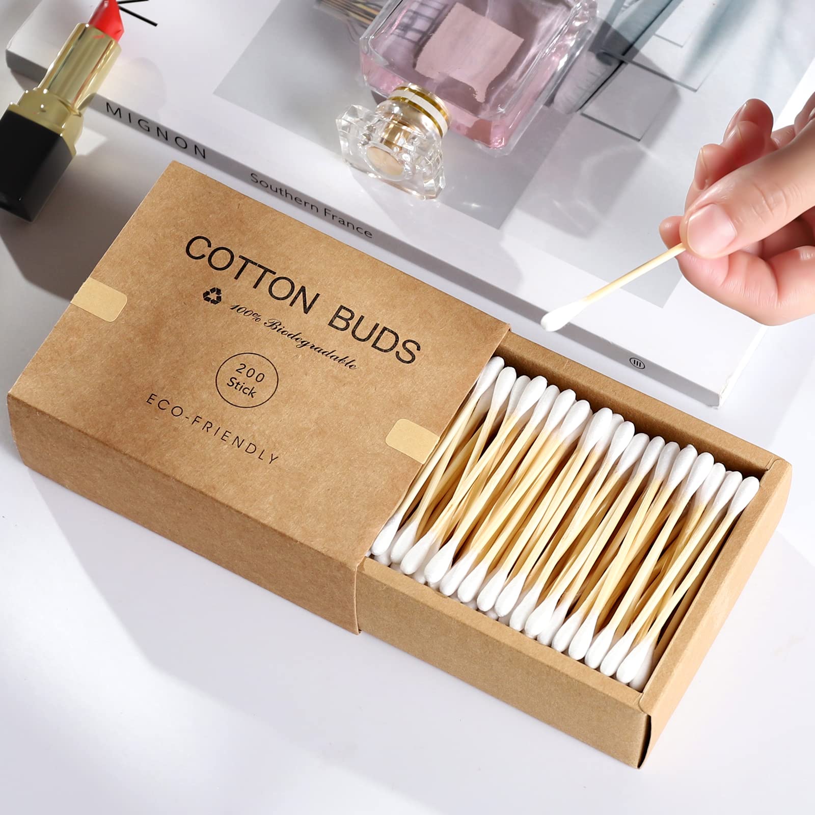Bamboo Cotton Swabs, 200 Count Wooden Cotton Buds, Eco-Friendly Double Tips, Plastic Free Ear Sticks, 100% Natural Cotton Swabs—Kraft Paper Box (Drawer Box)