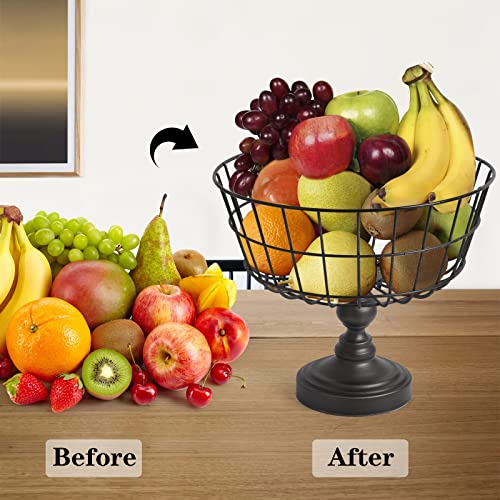 Black Fruit Basket for Kitchen, 2 Pack Metal Fruit Bowl for Kitchen Counter, Decorative Black Wire Baskets with Detachable Non-Slip Pedestal, Fruit Holder for Vegetable Bread Storage (11β & 8.7 β)