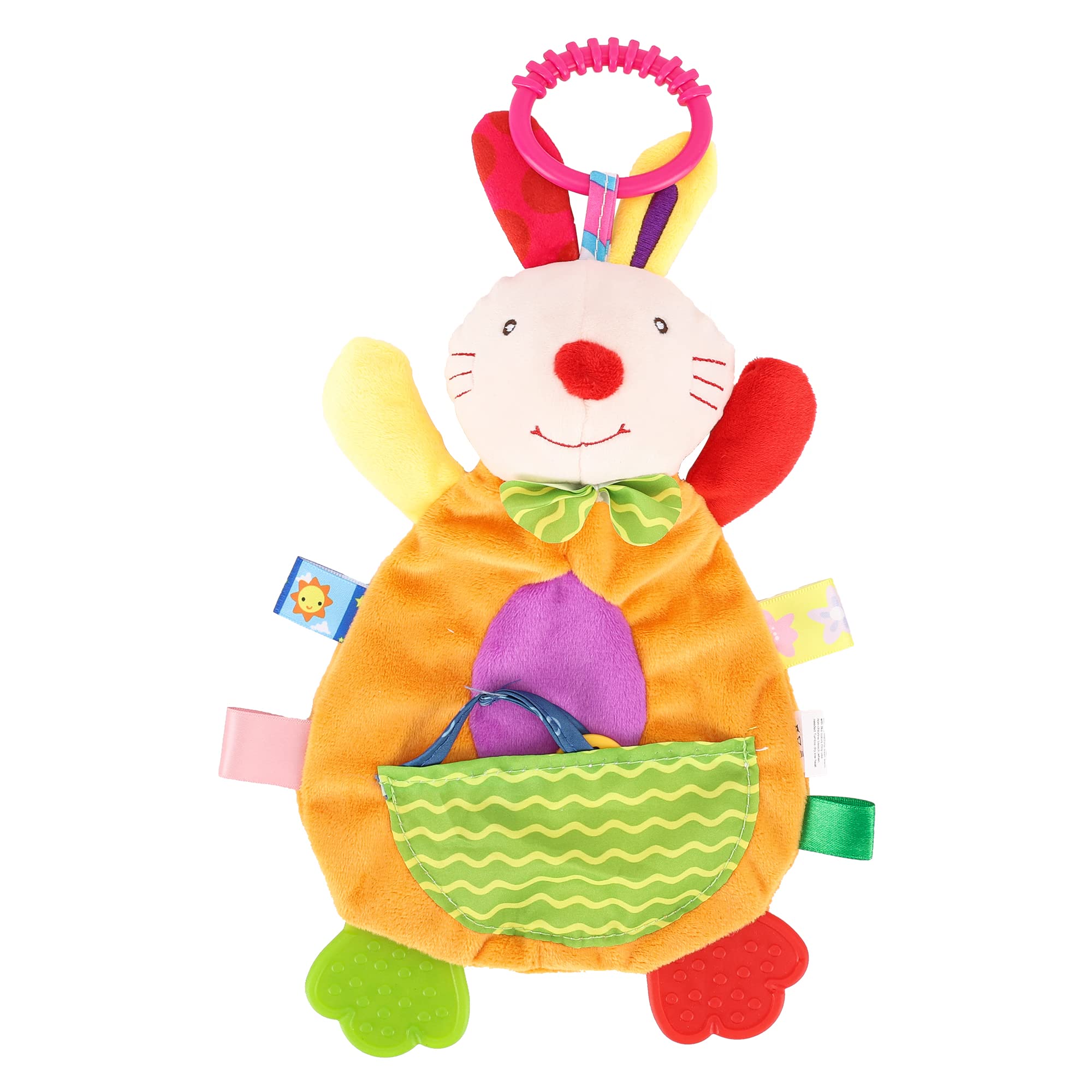 Baby Teething Cuddly Teether with Rabbit Character, 3 Textured Teething Places, BPA-Free Silicone, Soft Fabric Textures to Explore, and Crinkle Sounds to Discover