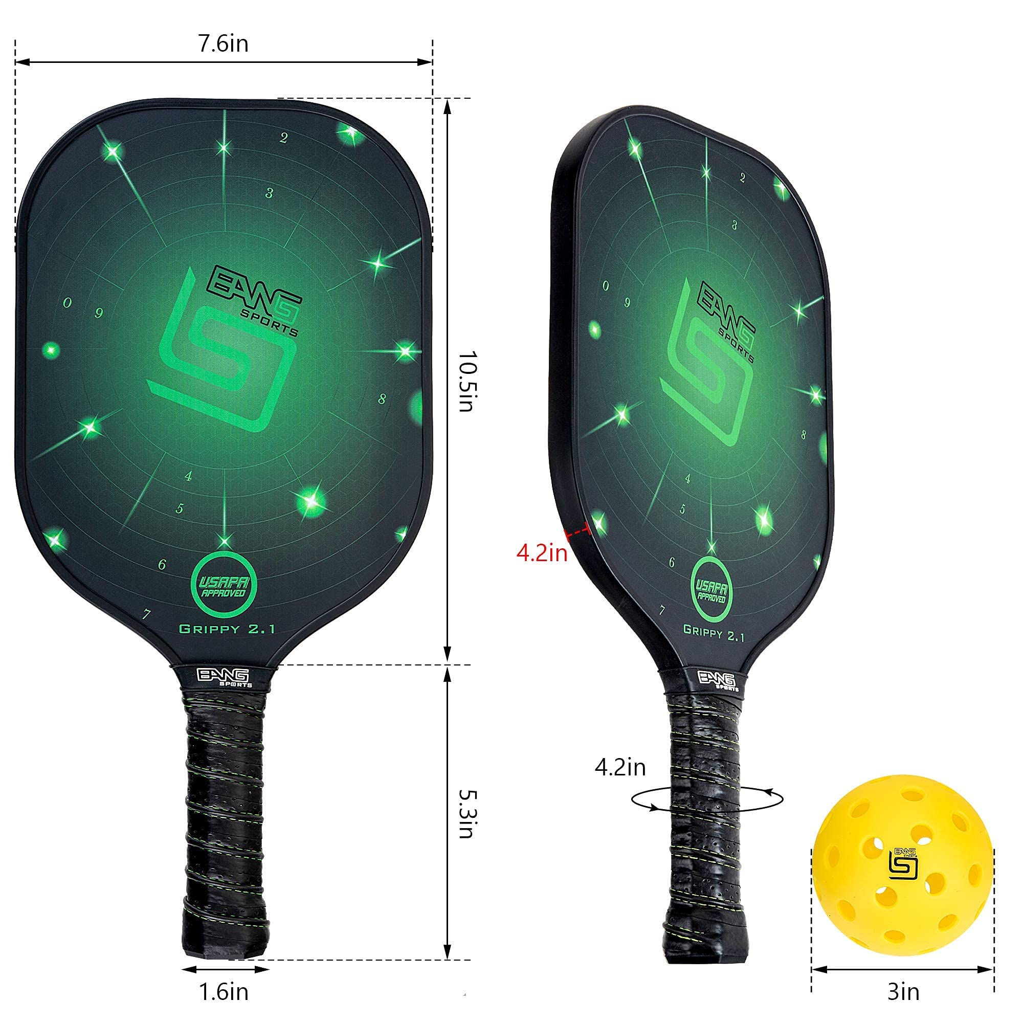 Bang Sports Pickleball Paddles Set of 2 Graphite Rackets - USAPA Approved - Best Quiet Carbon Fiber Surface - Advanced Honeycomb Polymer core - Paddles Covers - Mesh Storage Bag