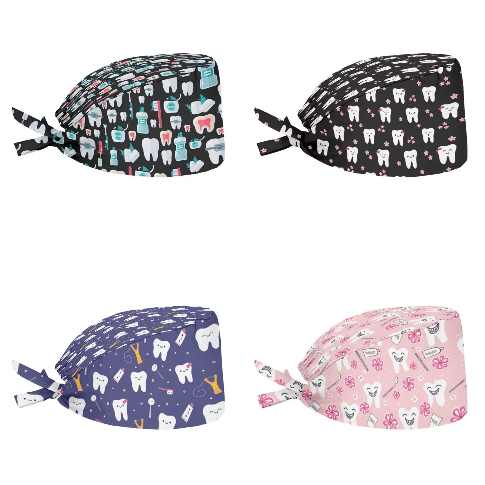 Belidome Tooth Dentist Tools Scrub Caps Women Men Set of 4 Pcs Adjustable Back Tie Turban Cap for Working Headgear