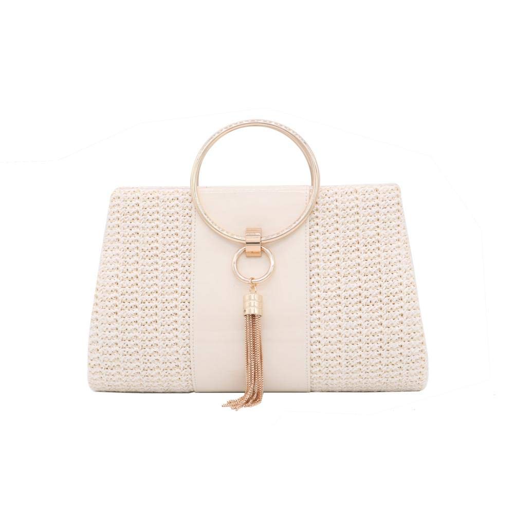 Bamboo Handbag Handmade Tote Bamboo Purse Straw Beach Bag for Women (White)