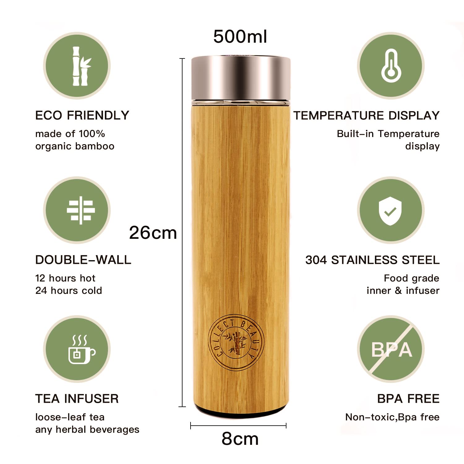 Bamboo Water Bottle with Tea Infuser Tumbler with LED Temperature Insulated Stainless Steel Thermos