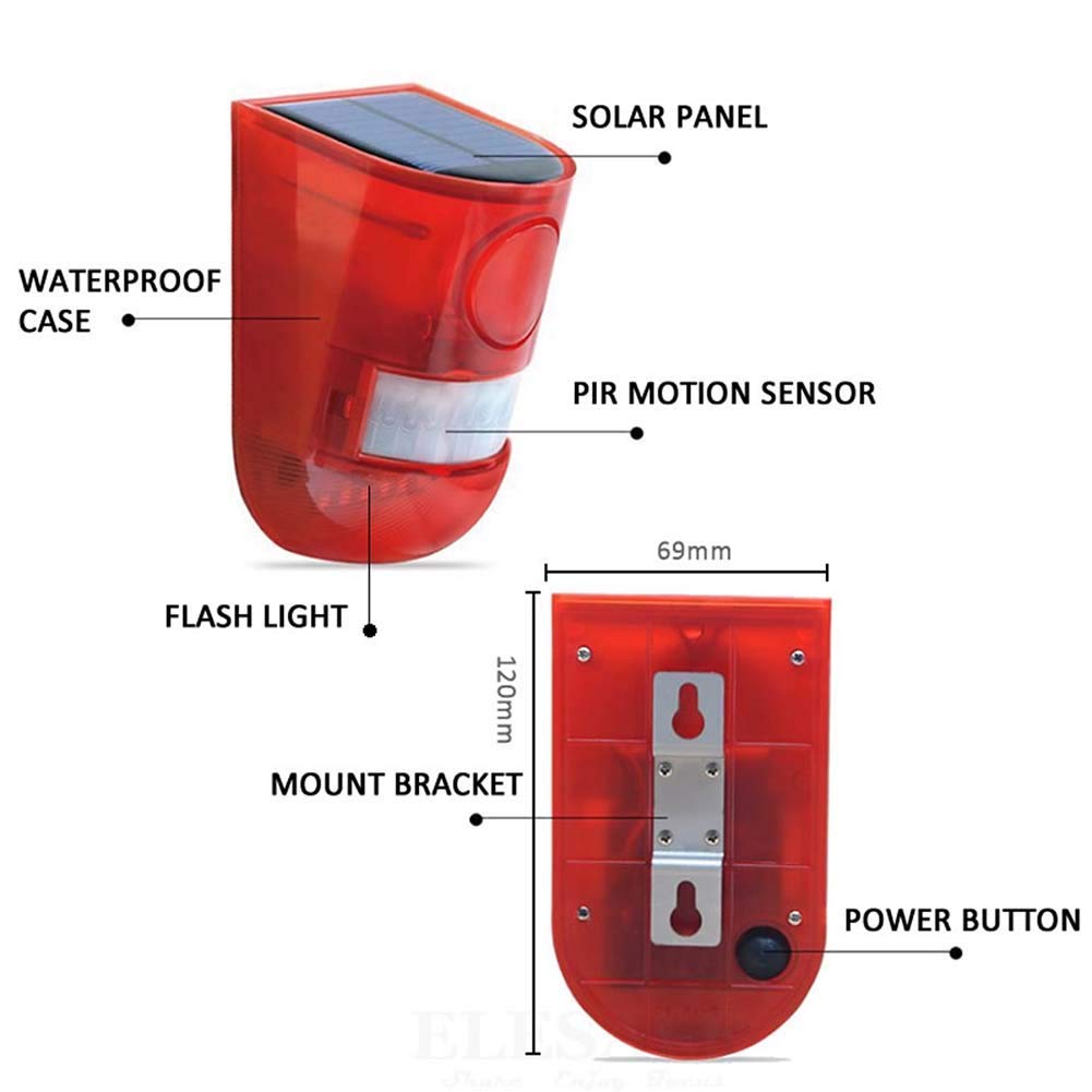 keeda Solar Motion Sensor Alarm 2 Pack Waterproof PIR LED Security Light Warning 110dB Sound Security Alerts Strobe Light for Garden Home Villa Security Outdoor Door Sensor