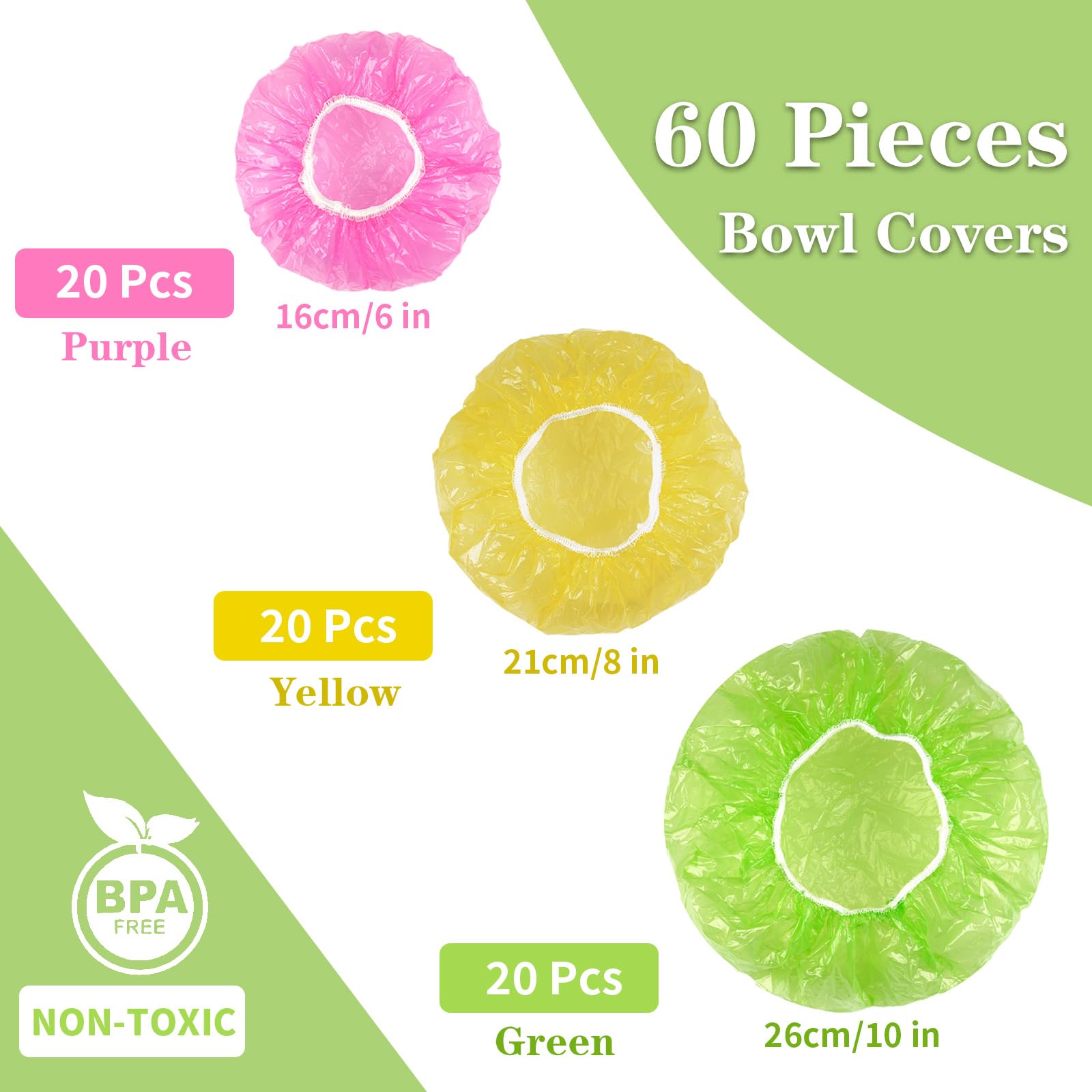 Plastic Bowl Covers Elastic Reusable - 60 PCS Fresh Keeping Bags, 3 Size Food Covers Stretch, Shower Cap Bowl Storage Covers(6/8/10inch)
