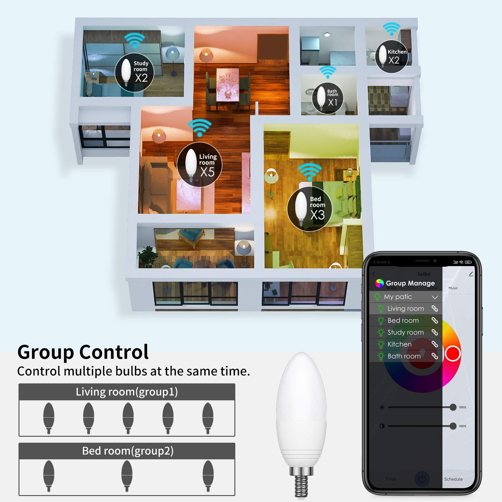 Bewahly Smart Light Bulbs, led Color Changing Candelabra Light Bulbs, E12, 4.5W,40W Equivalent,300 Lumen,RGB + CCT, Warm-Cold White Dimmable (2700K-6000K), Support WiFi/Alexa/Google Home (4Pack)
