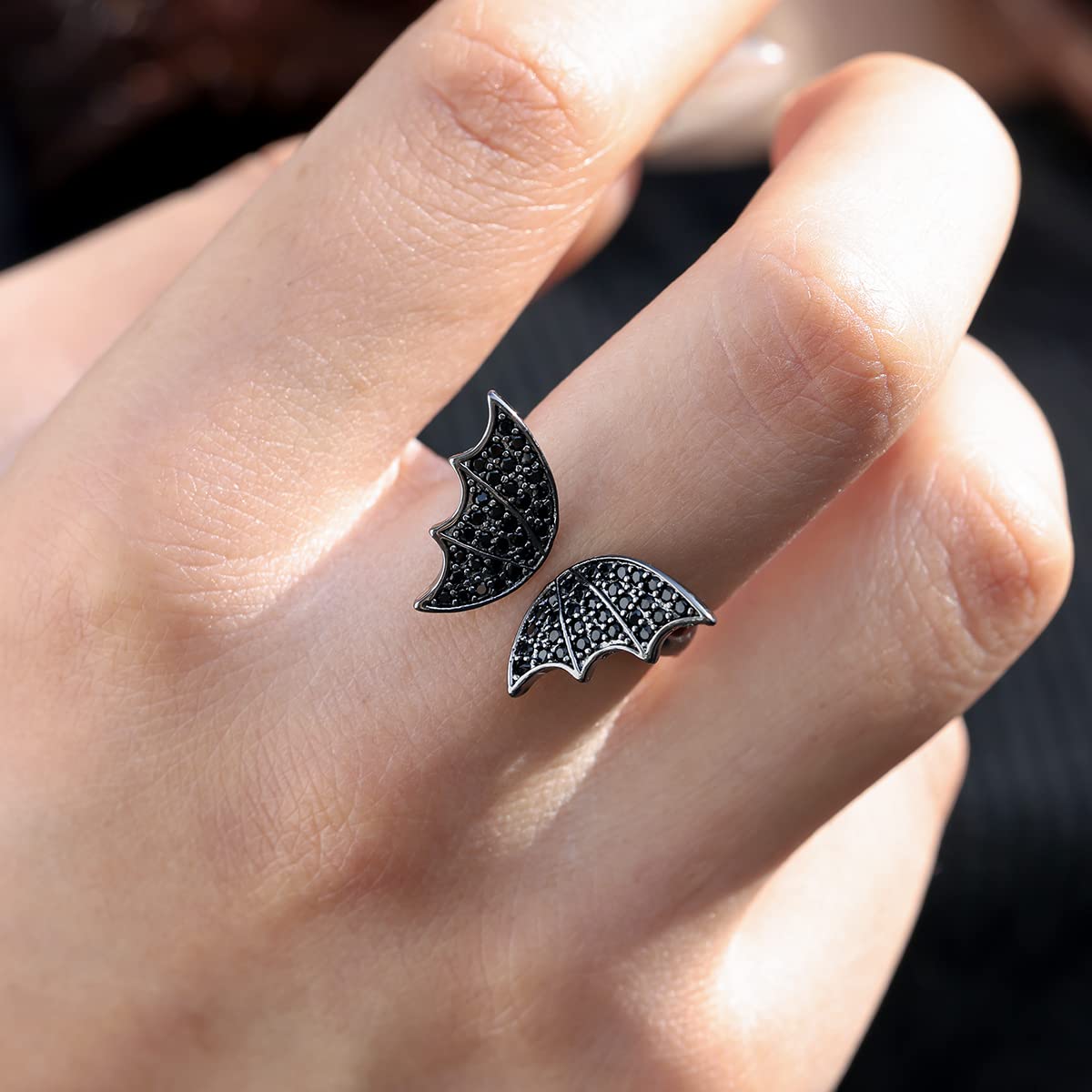 Black Bat Ring Gothic Black Stone Rings for Women Goth Adjustable Halloween Black Gold Jewelry Gifts (Black)