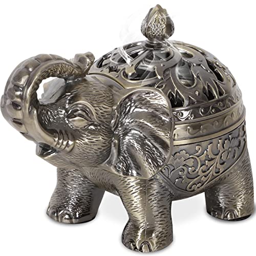 Gusnilo Vintage Incense Holder Metal Standing Elephant Incense Burner with Lid,Bronze Elephant Shape Incense Burner Holder Aromatherapy Ornament Practical Home Decor for Indoor Outdoor(Bronze)
