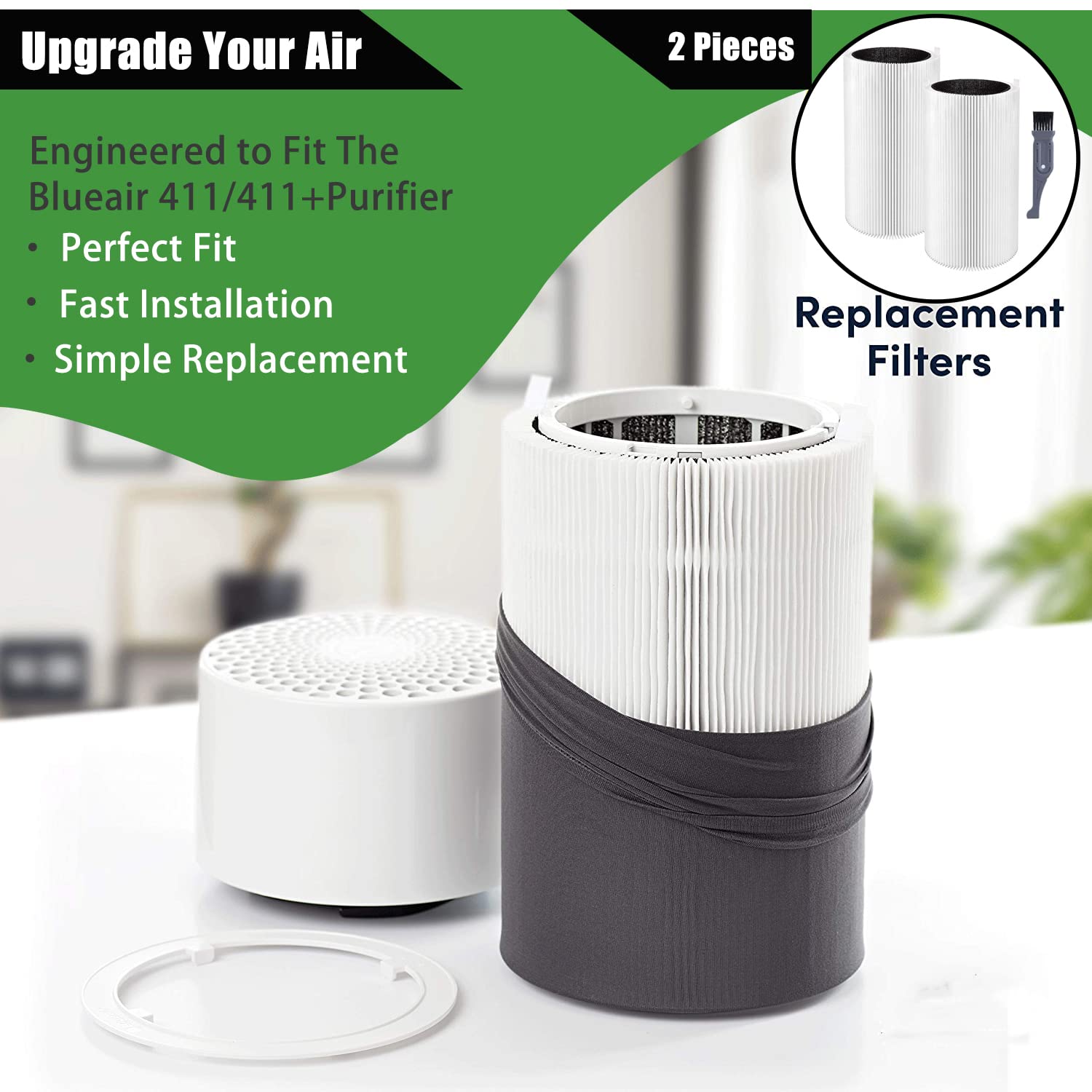 ICLEAN Blue Pure 411 Replacement Filter,Compatible with Blueair Filter Blue Pure 411,411+,411 Auto,Mini,Particle and Activated Carbon, 2-Pack