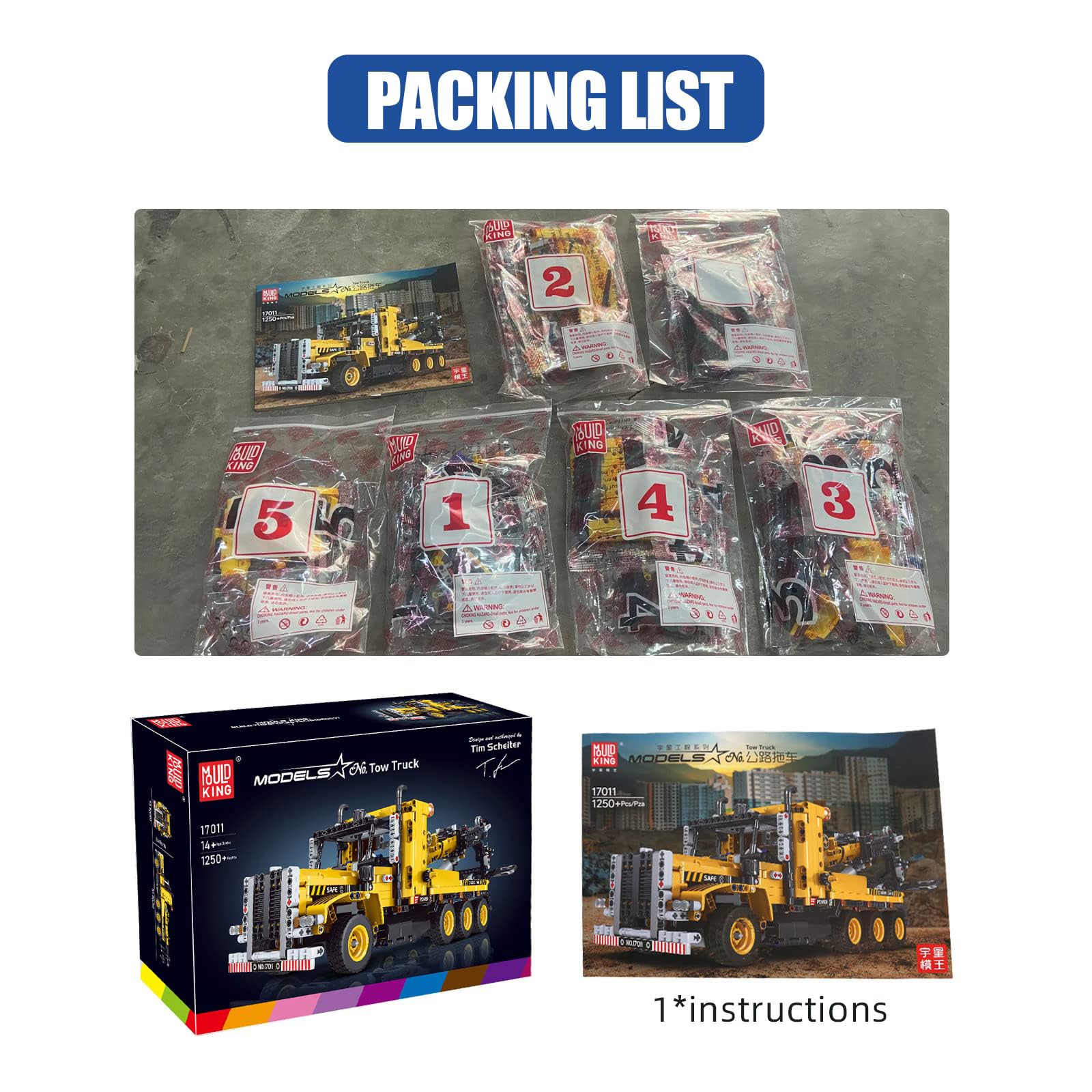 MOULD KING 17011 Heavy-Duty Tow Truck Building Toy Set, Technology MOC Road Trailers Building Gift Toys for Kids Age 8+ (1,250 Pieces)
