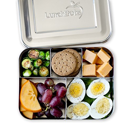 LunchBots Large Cinco Stainless Steel Lunch Container - Five Section Design Holds a Variety of Foods - Metal Bento Box - Dishwasher Safe - Stainless Lid - Stainless Steel