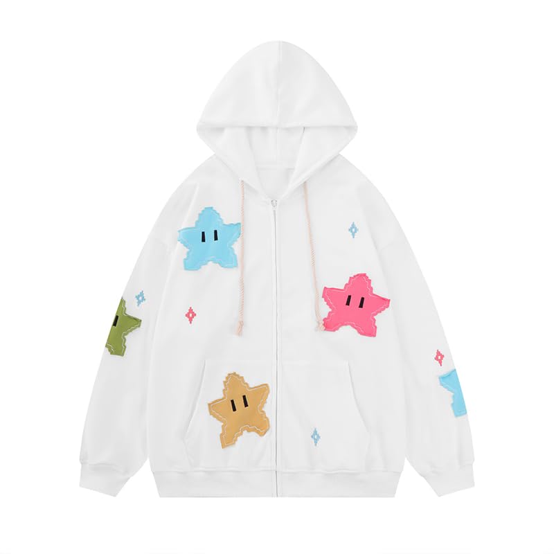 Cbsdezanos Women Y2k Zip Up Hoodie Star Graphic Oversized Sweatshirt Hip Hop Aesthetic Hoodies Punk Goth Jacket Streetwear (star graphic White, S)