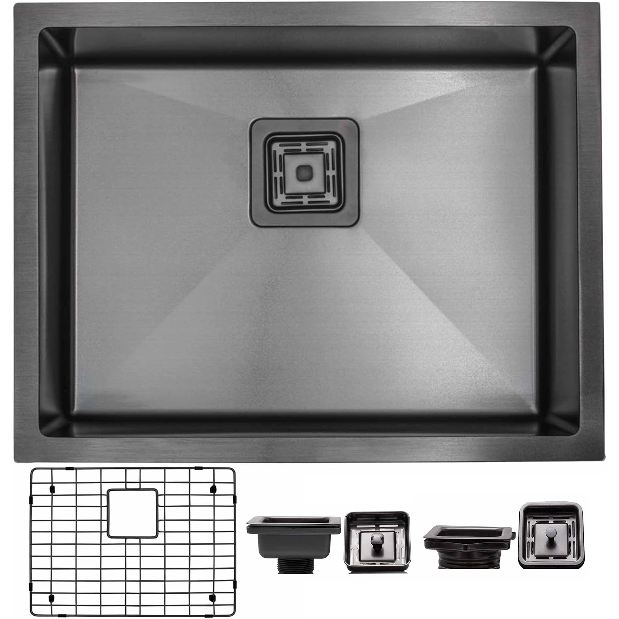 Strictly Sinks 23 Inch Undermount Kitchen Sink – Black Single Bowl 16 Gauge Stainless Steel Bar Prep Kitchen Sink Stain Resistant – With 1 Square Disposal Adapter, 1 Strainer Drain & Bottom Grid