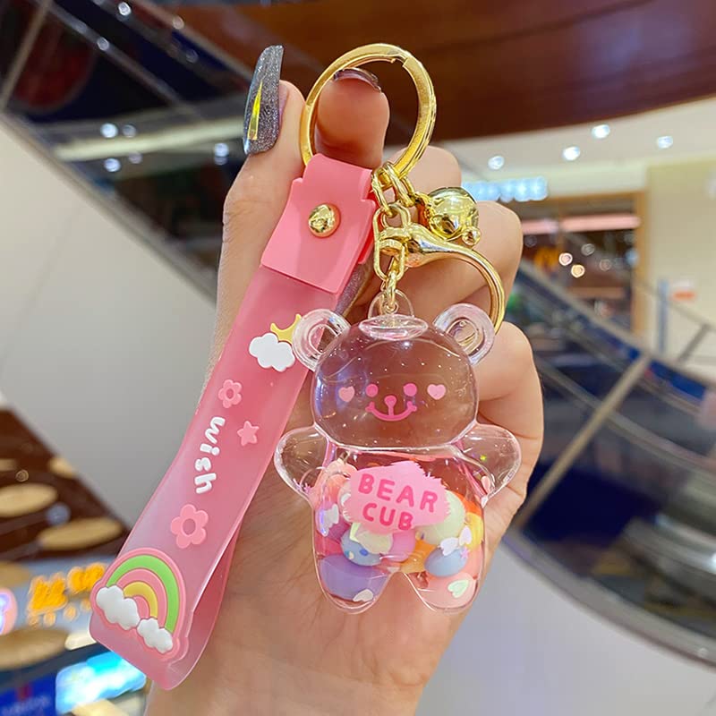 BEXOA Cute Keychain Kawaii Creative Little Bear Liquid Floating Lucky Bottle Keychain Backpack Charm Wristlet Bracelet Car Key Ring for Girl Women