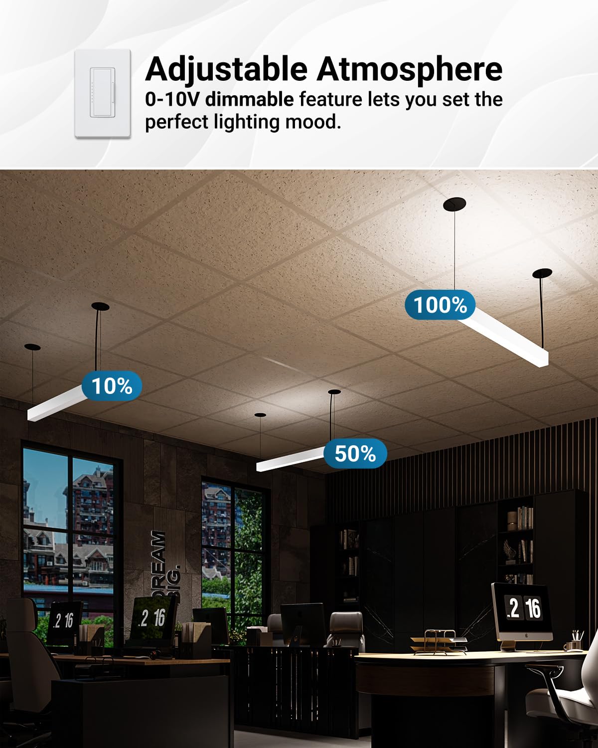 Sunco LED Linear Up/Down Pendant Suspension Hanging Facility Industrial Commercial Light-Single Switch, 6300 Lumens, Selectable CCT 3500K/4000K/5000K, 57W, 0-10V Dimmable, AC120-277V