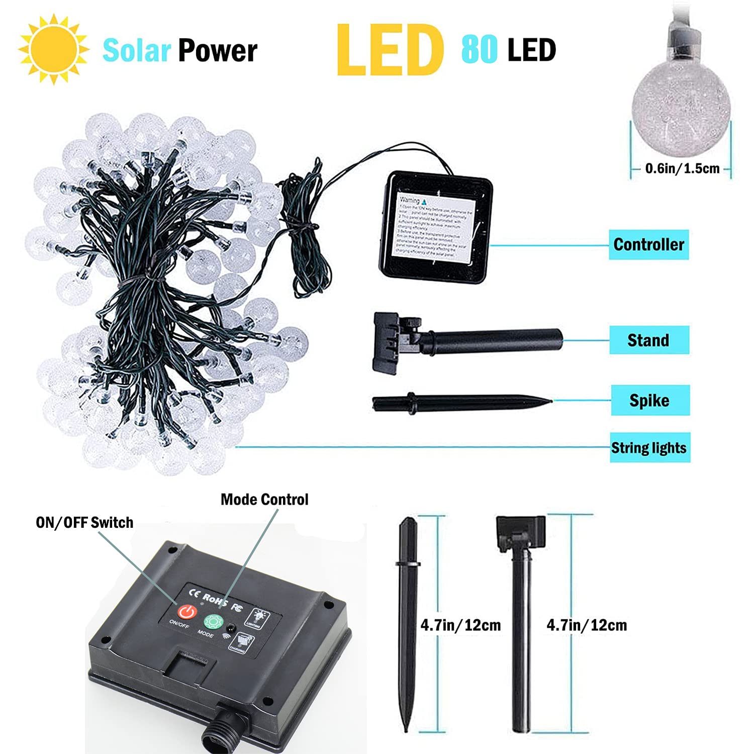 DING.PAI Solar Outdoor String Lights, Waterproof Solar Lights Outdoor with 80 LED Crystal Lamp Beads 8 Switching Modes for Garden Yard Porch Wedding Party Decor (Warm Yellow, 40FT)