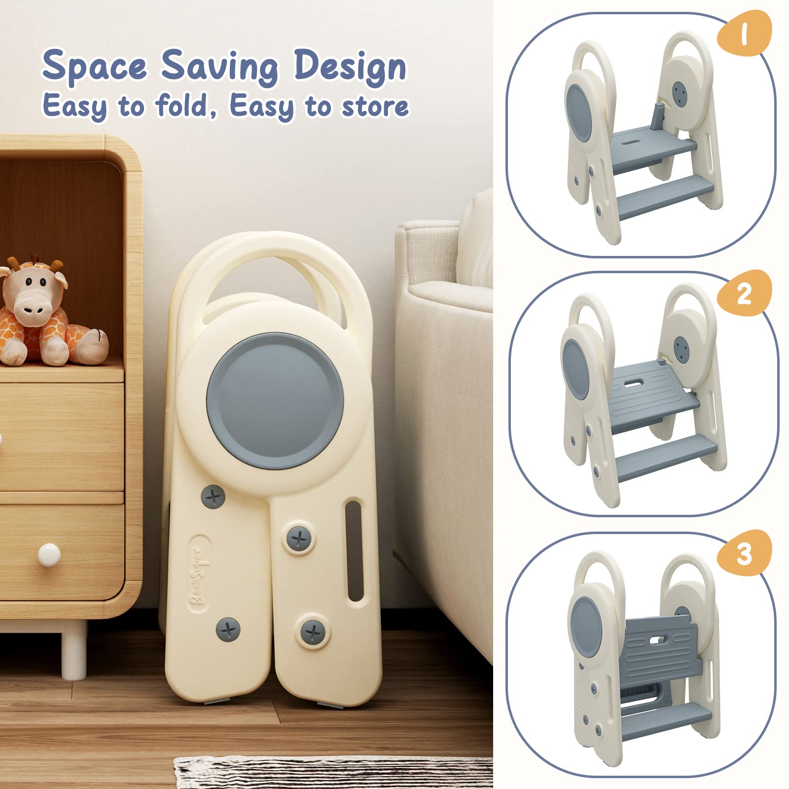 BanaSuper Foldable Toddler Step Stool with Safety Handrail for Kitchen Counter Bathroom Sink Kids Adjustable Toilet Potty Training Stool Children Step Ladder Learning Helper with Non-Slip Pads (Blue)