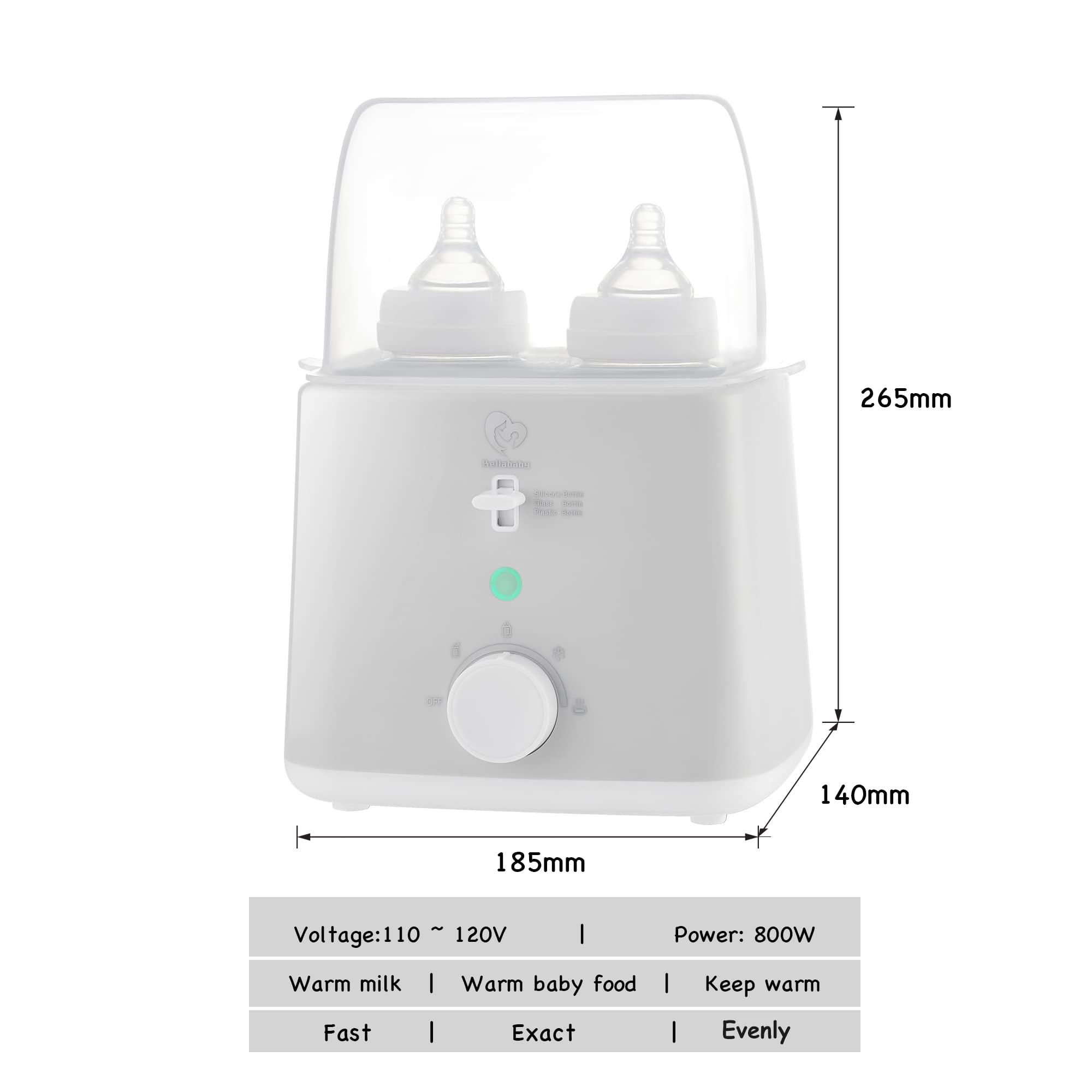 Bellababy Double Bottle Warmer, Fast Breastmilk/Formula/Food Heater, Accurate Temperature Control, Retain Nutrition Perfectly, Reminder When Bottle Ready, 24 Hours Keep Warm (Grey)