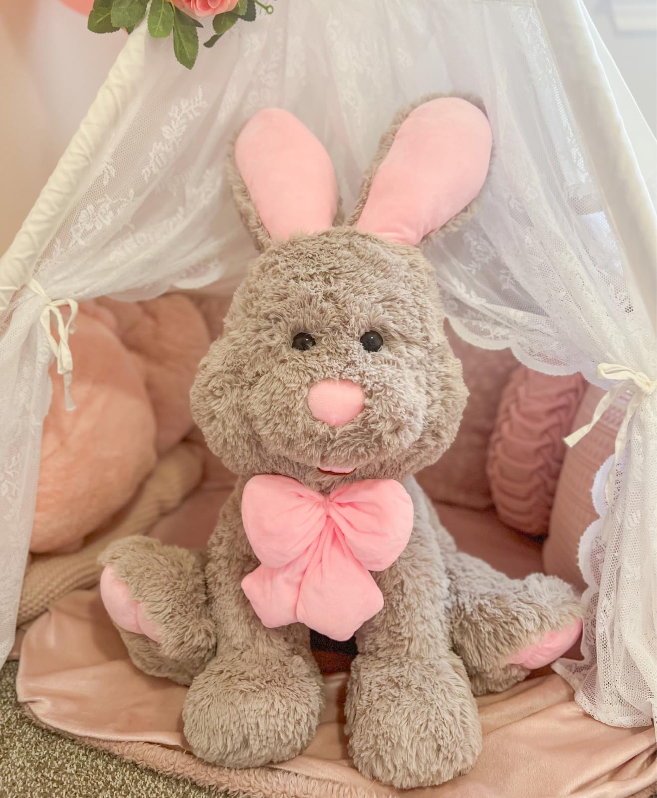 MorisMos Giant Bunny Stuffed Animal, 31.5'' Large Grey Rabbit Plush Toy with Pink Ears, Soft Toy for Girls/Boys, Ideal Gift for Easter, Halloween, Christmas, Cuddling, Snuggling
