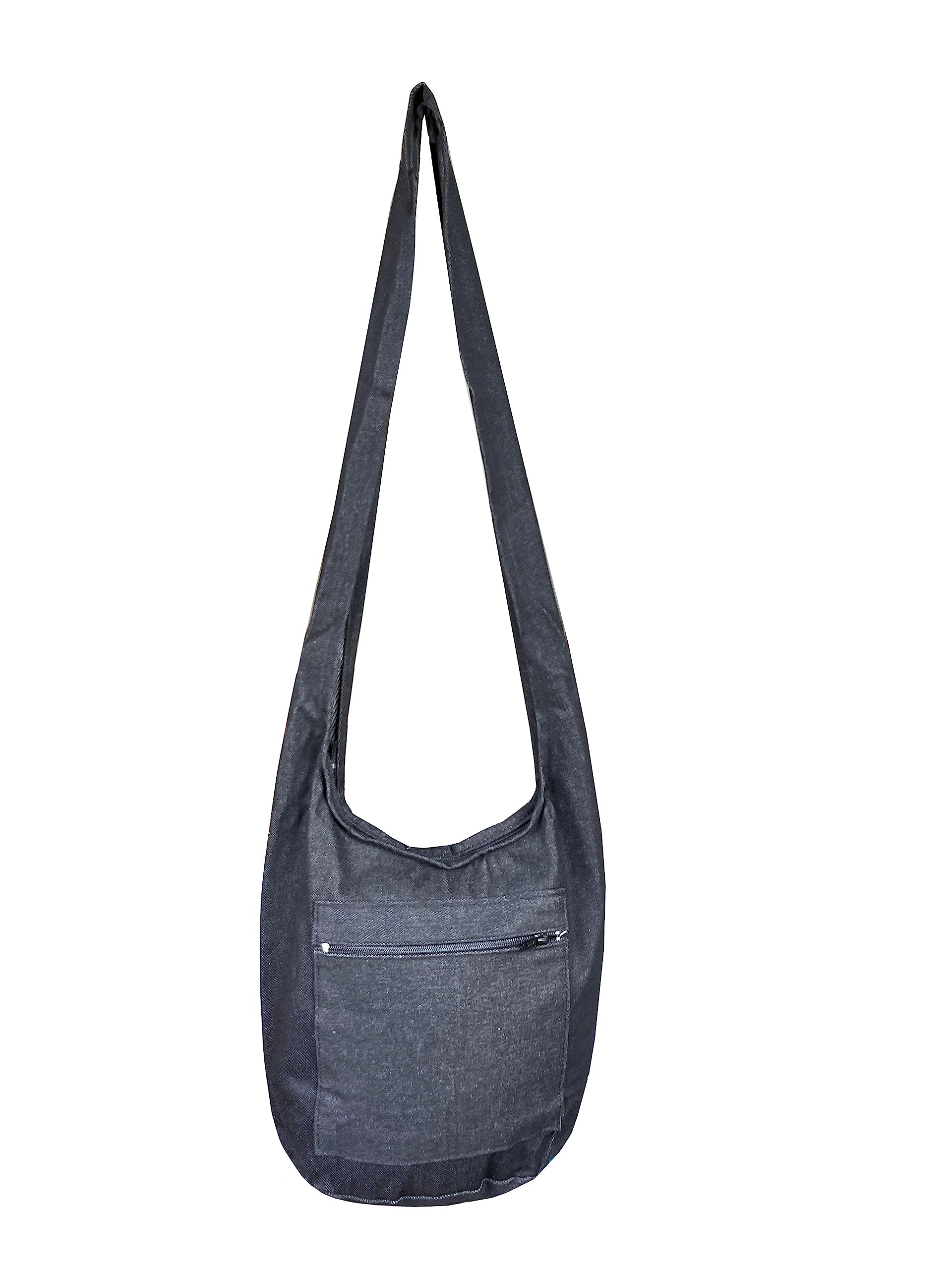 Black Canvas Hobo Crossbody Bag - Handmade Hippie Denim Jean Purse - Front Zippered Pocket M - Medium