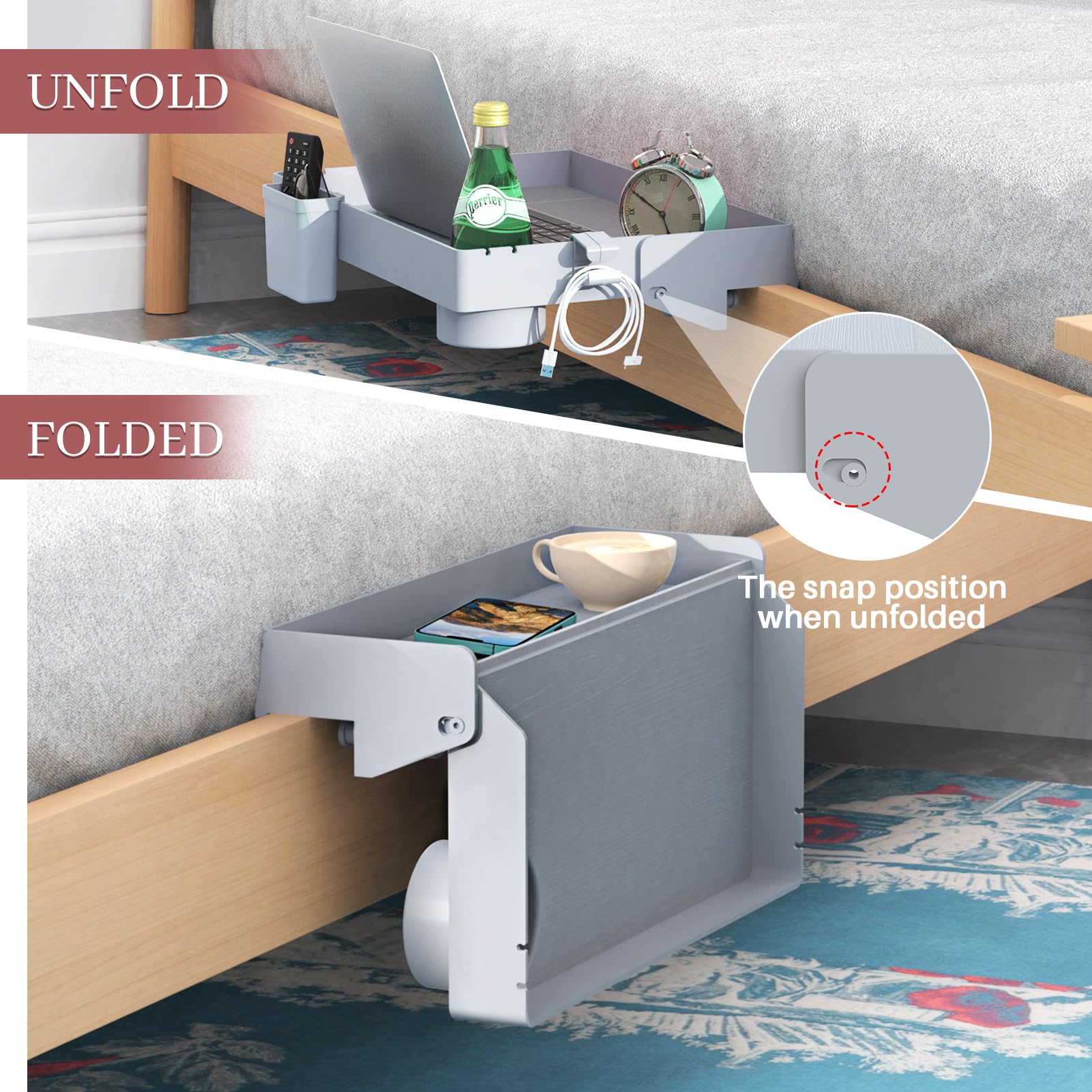 SOLEJAZZ Bedside Shelf for Bed, Foldable Bunk Bed Shelf for Top Bunk Clip On Nightstand with Drawer, College Dorm Essential Table Caddy Tray Organizer Bedroom Shelf, Plus Size with Drawer, Grey