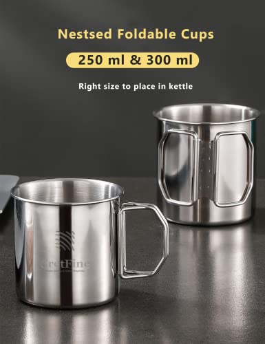 CretFine 304 Stainless Steel Camping Tea Kettle with Stackable Cups and Portable Bag, Anti-scalding Open Campfire Coffee Tea Pot, 1.1 Qt