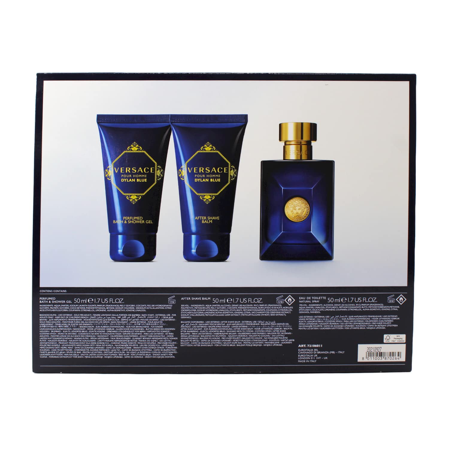 Versace Pour Homme Dylan Blue by Versace Gift Set - 1.7 oz Eau De Toilette Spray 1.7 oz After Shave Balm 1.7 oz Shower Gel Men