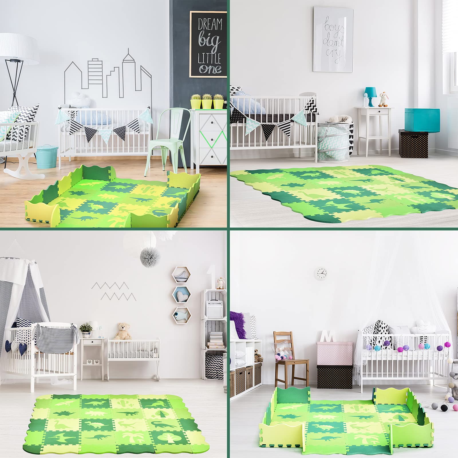 Dino Baby Foam Play Mat, 36 PCS Soft Thick Non-Toxic EVA Interlocking Foam Floor Tiles with Fence, Cute Dinosaur Crawling Puzzle Mat for Toddlers Activity Room Décor