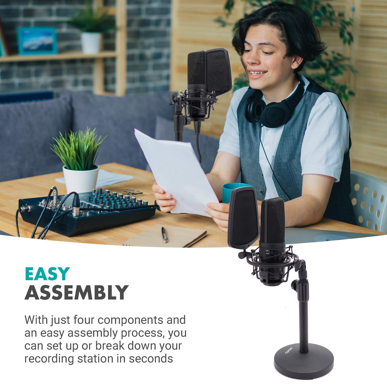 Movo TMC-5 Heavy Duty Desktop Microphone Stand with Weighted Round Base and Mic Holder for Desk - 16" Extendable Microphone Desk Stand - Compact Metal Desktop Mic Stand for Podcasts, Gaming