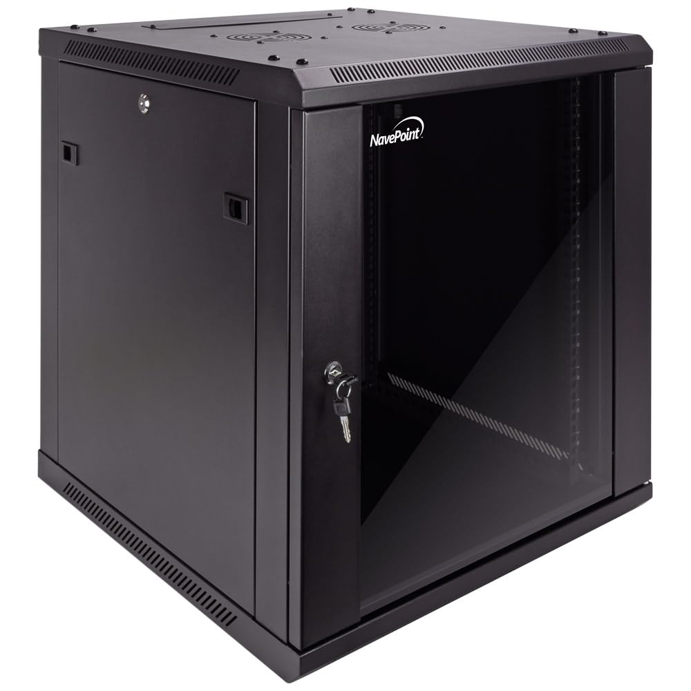 NavePoint 12U Server Cabinet Wall Mount Rack Enclosure Includes 2 Fans, Locking Glass Door, Removable Side Panels β 12U Network Cabinet 23.6β Deep, 19 Inch Server Rack for IT and A/V Equipment