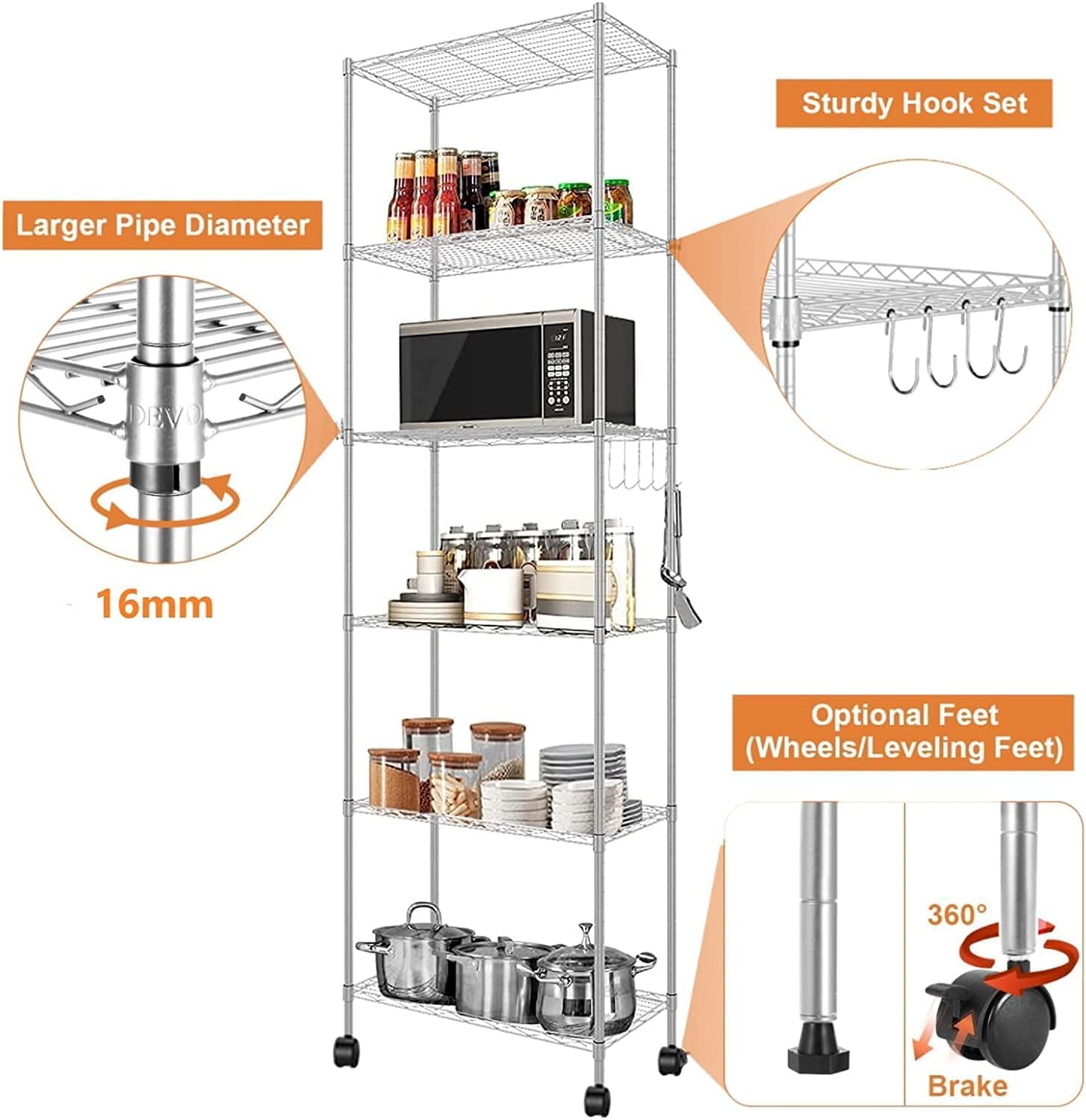 Devo Shelves for Storage, Metal Storage Shelves, Pantry Shelves, Bathroom Shelves, Height Adjustable Shelf Organizer for Kitchen Storage, Home Organization (21" L * 11" W * 63" H)