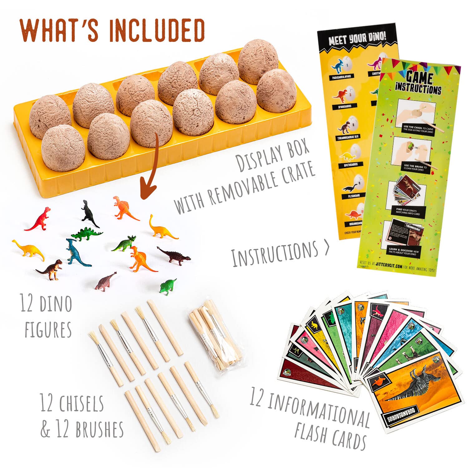 Dino Eggs Dig Kit, Dinosaur Eggs for Kids 3-5, Perfect for Dinosaur Birthday Party Supplies and Dinosaur Party Games - 12 Dino Eggs Excavation Set for Kids by JitteryGit