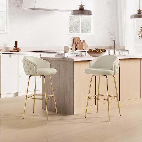 Volans Counter Height Bar Stools Set of 2, 360° Swivel Modern Velvet Bar Stools for Kitchen Island, Kitchen Chairs with High Performance Fabric Sponge(White)